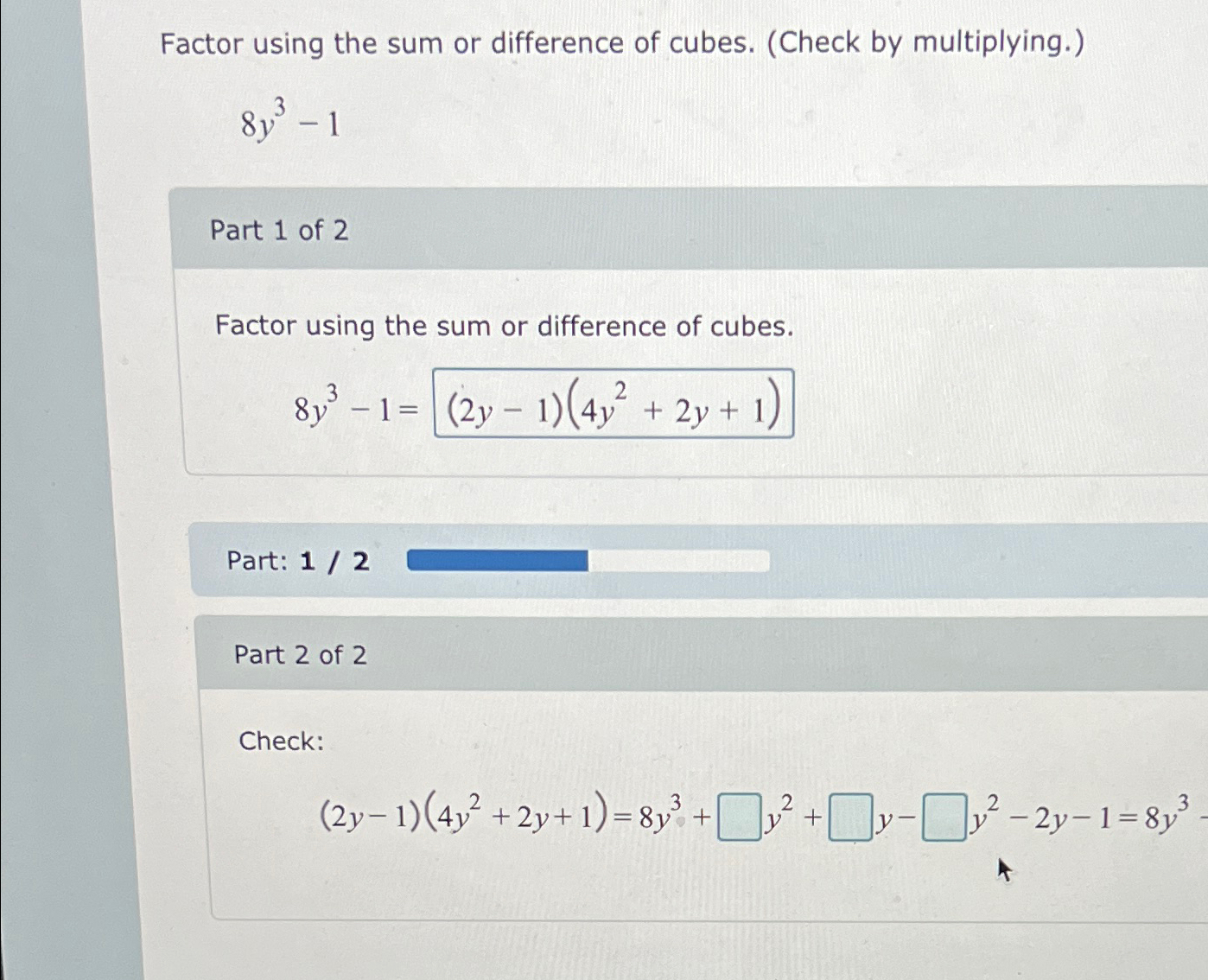 Solved Factor using the sum or difference of cubes. (Check | Chegg.com