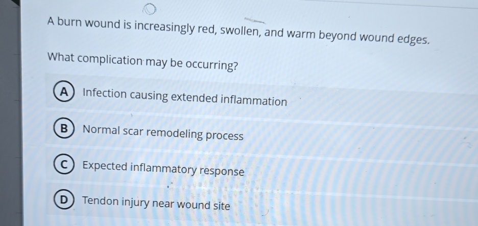 Solved A burn wound is increasingly red, swollen, and warm | Chegg.com
