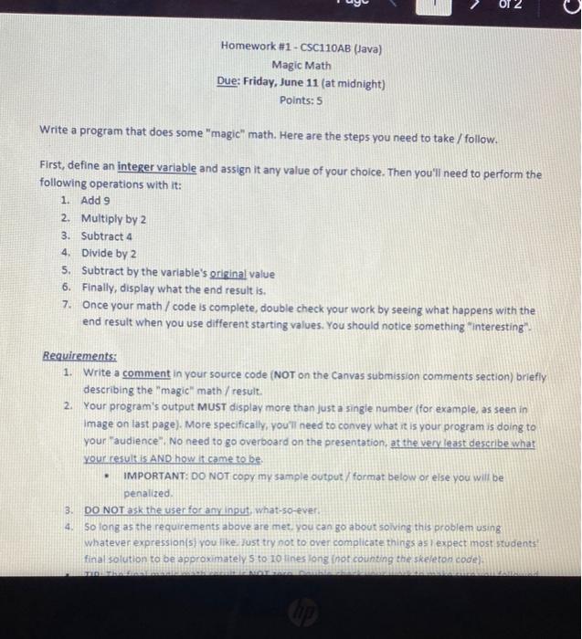 Solved O2 Homework #1 - CSC110AB (Java) Magic Math Due: | Chegg.com