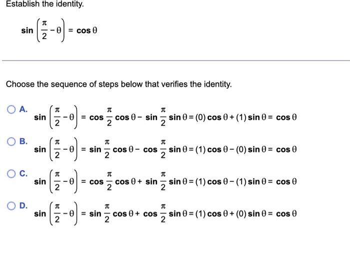 Solved Establish the identity. sin(2π−θ)=cosθ Choose the | Chegg.com