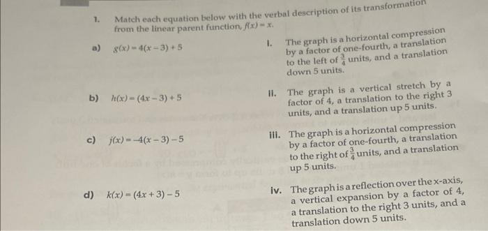 Solved 1. Match each equation below with the verbal | Chegg.com