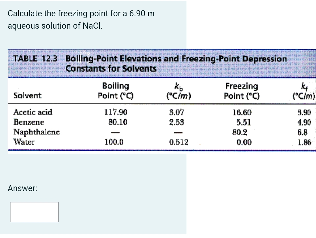 Solved Calculate the freezing point for a 6.90m ﻿aqueous | Chegg.com