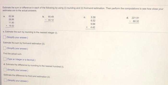 Solved Estimate the sum or difference in each of the | Chegg.com
