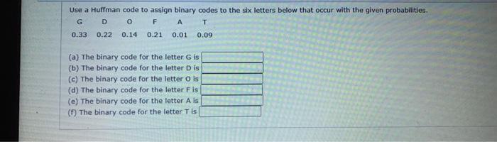 Solved Use a Huffman code to assign binary codes to the six | Chegg.com