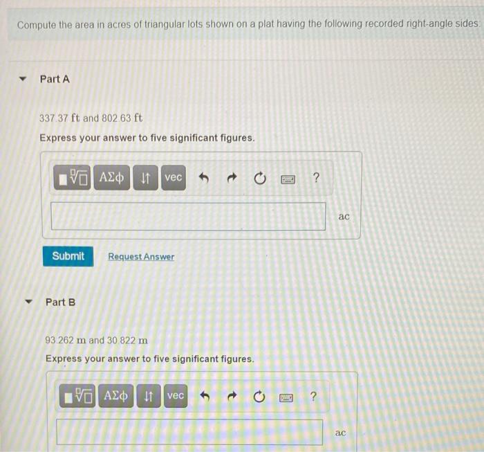Solved Compute the area in acres of triangular lots shown on | Chegg.com