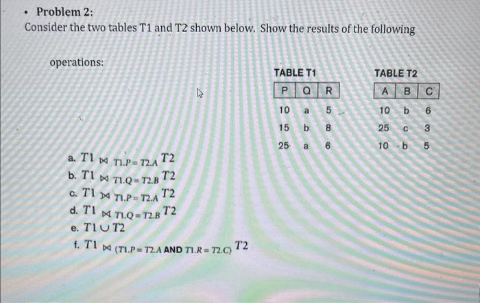 Solved - Problem 2: Consider the two tables T1 and T2 shown | Chegg.com