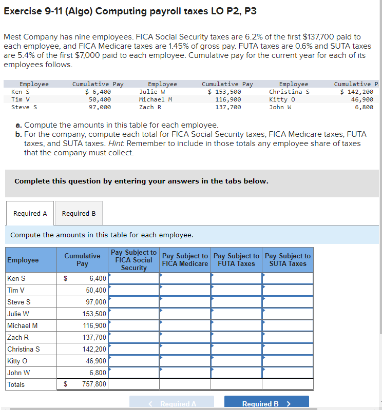 Solved Exercise 9-11 (Algo) ﻿Computing payroll taxes LO P2, | Chegg.com