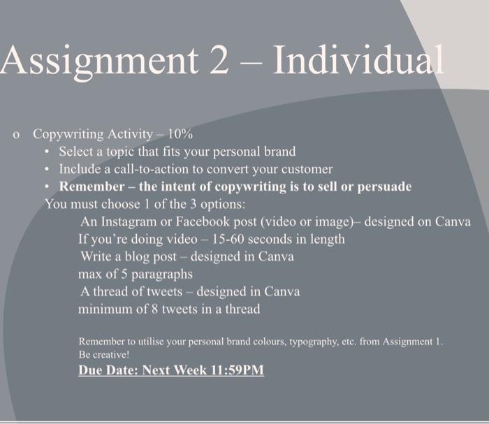 Solved Assignment 2 - Individua o Copywriting Activity −10% | Chegg.com