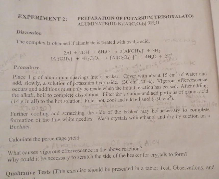 EXPERIMENT 2: PREPARATION OF POTASSIUM TRIS(OXALATO) | Chegg.com