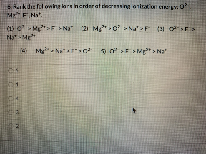 Solved 6. Rank the following ions in order of decreasing | Chegg.com