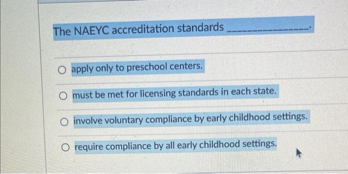 Solved The NAEYC accreditation standards apply only to | Chegg.com