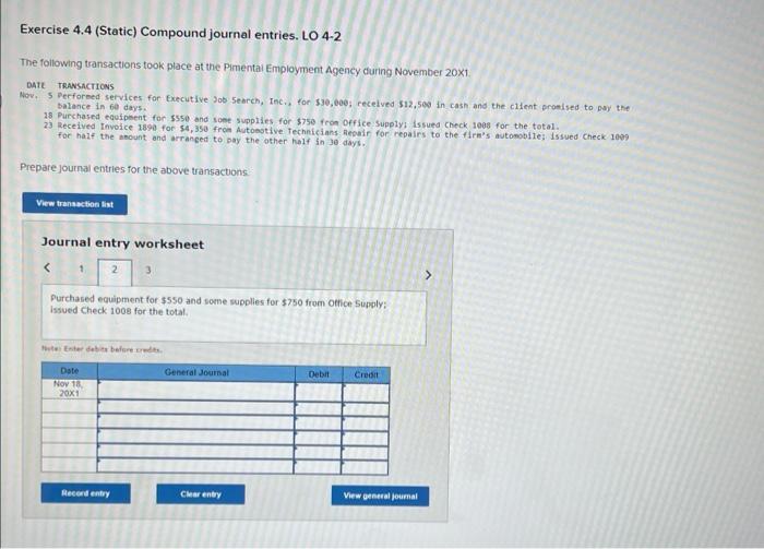 Solved Exercise 4.4 (Static) Compound journal entries. LO | Chegg.com