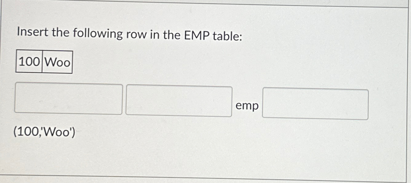 Solved Insert the following row in the EMP table: emp, 200 | Chegg.com