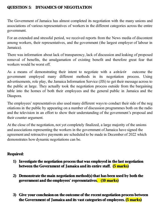 Solved QUESTION 5: DYNAMICS OF NEGOTIATION The Government of | Chegg.com