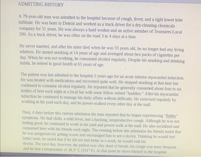 Solved ADMITTING HISTORY A 79-year-old man was admitted to | Chegg.com