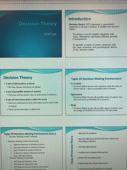 Solved Decision Theory Introduction Decision theory (DT) | Chegg.com