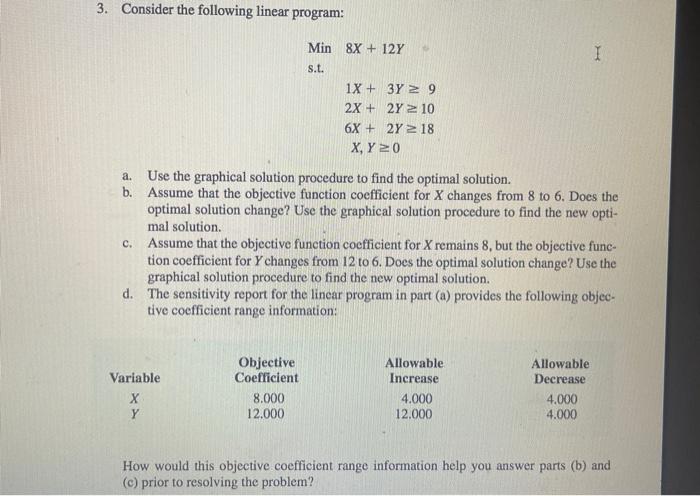 Solved 3. Consider the following linear program: Min s.t. | Chegg.com