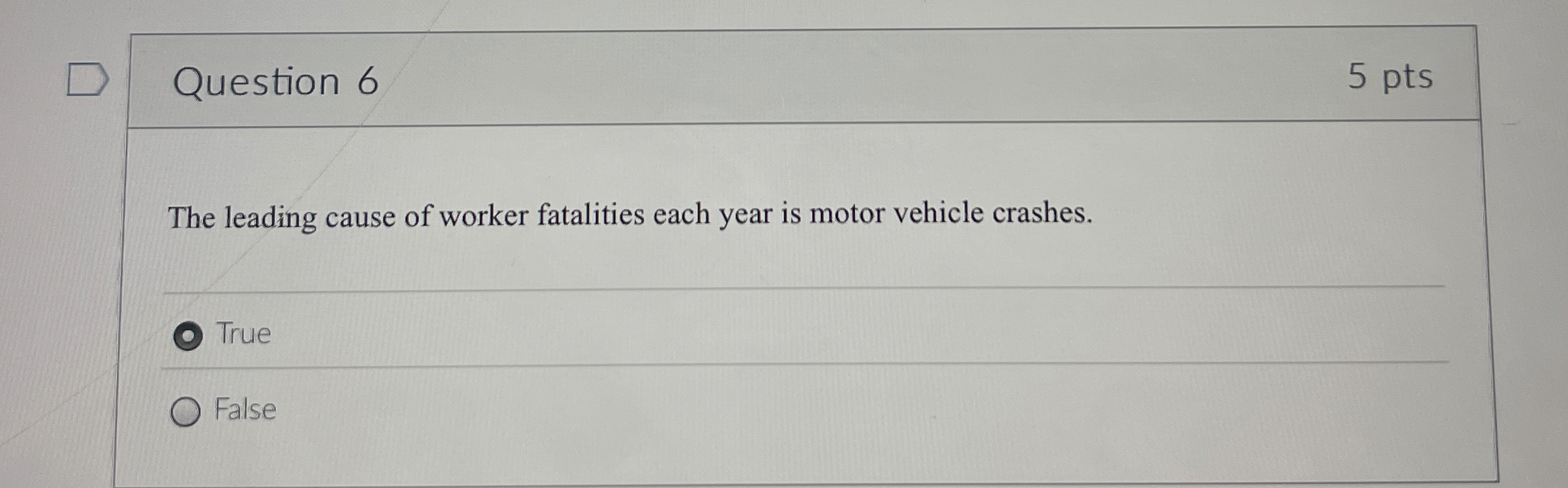 Solved Question 6The leading cause of worker fatalities each | Chegg.com