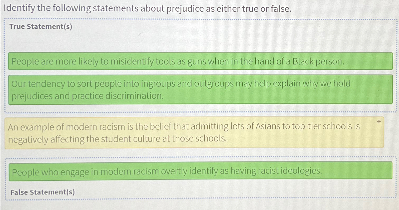 Solved Identify the following statements about prejudice as | Chegg.com