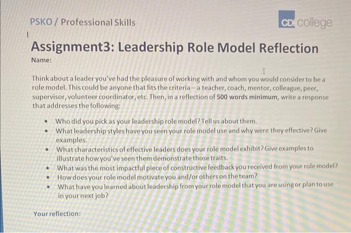 Assignment3: Leadership Role Model Reflection Name: | Chegg.com