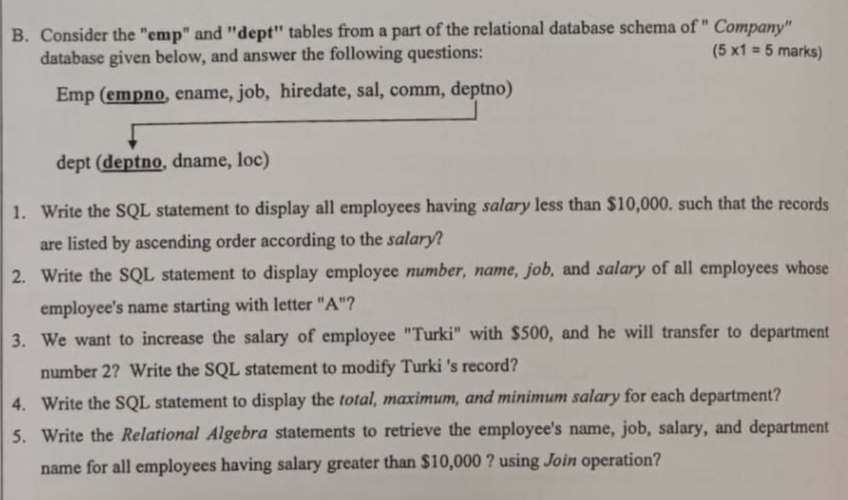 Solved B. ﻿Consider the "emp" and "dept" tables from a part | Chegg.com