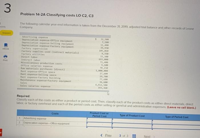 Solved 3 Problem 14-2A Classifying costs LO C2, C3 3 oints | Chegg.com