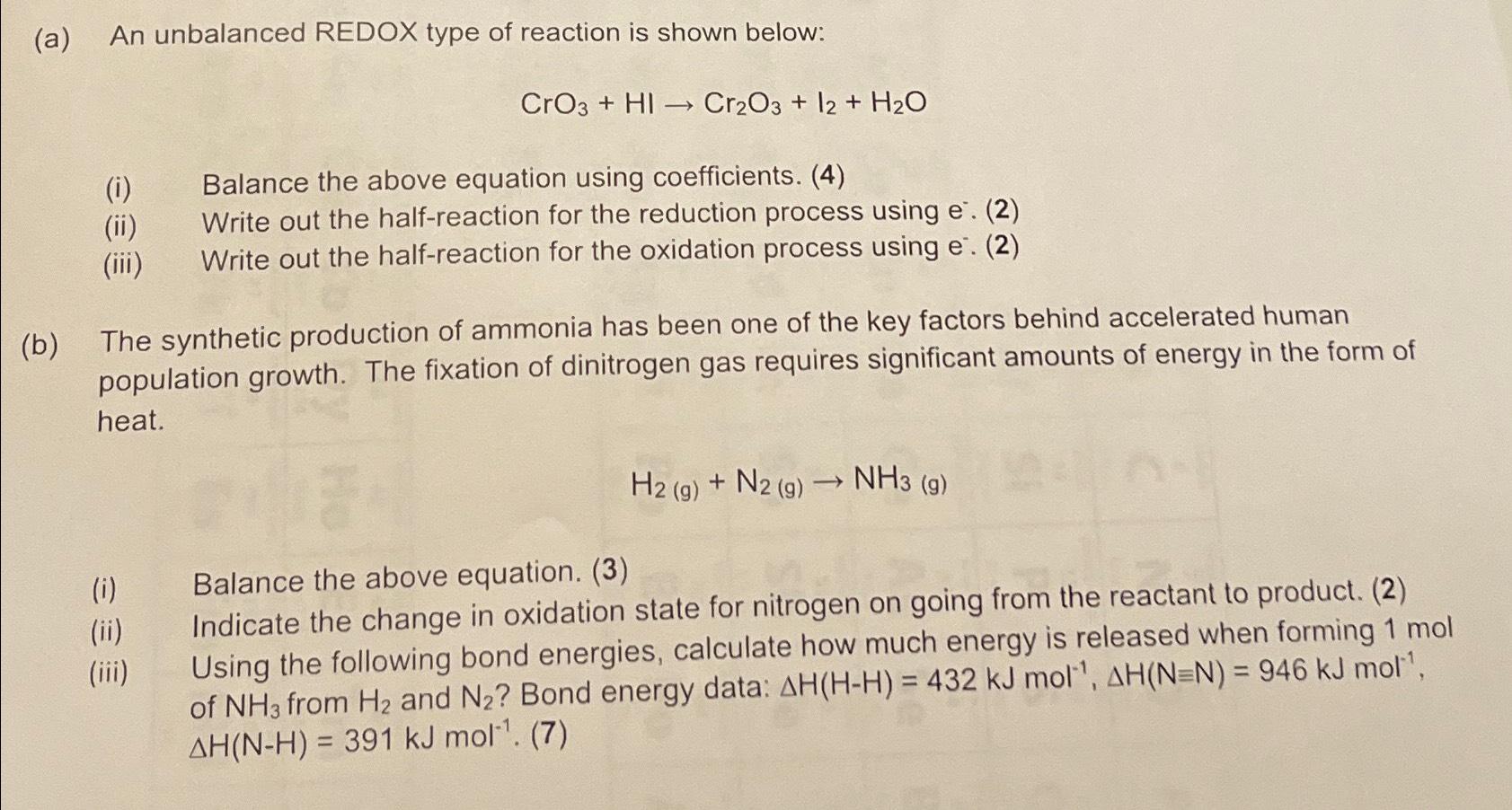 Solved (a) ﻿An unbalanced REDOX type of reaction is shown | Chegg.com