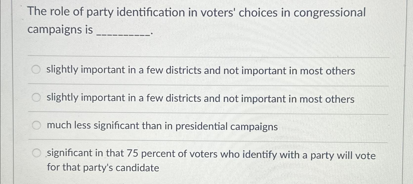 Solved The role of party identification in voters' choices | Chegg.com
