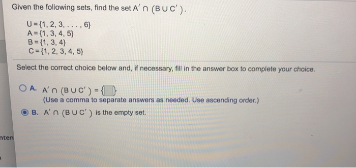 Solved Given the following sets, find the set A'n (BUC') U | Chegg.com