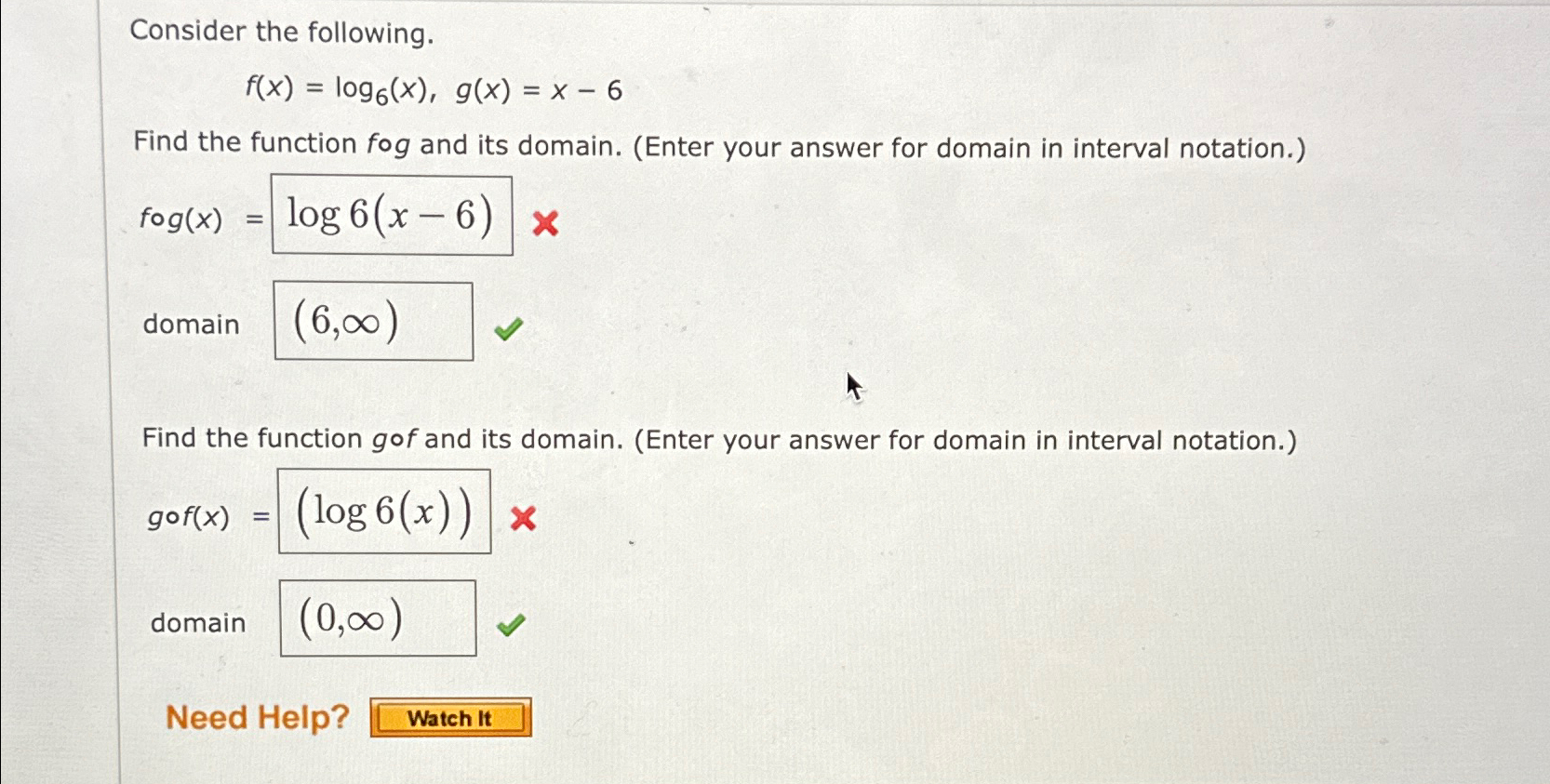 Solved Consider the following.f(x)=log6(x),g(x)=x-6Find the | Chegg.com