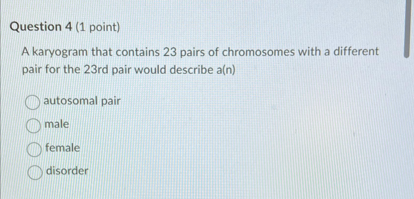 Solved Question 4 (1 ﻿point)A karyogram that contains 23 | Chegg.com