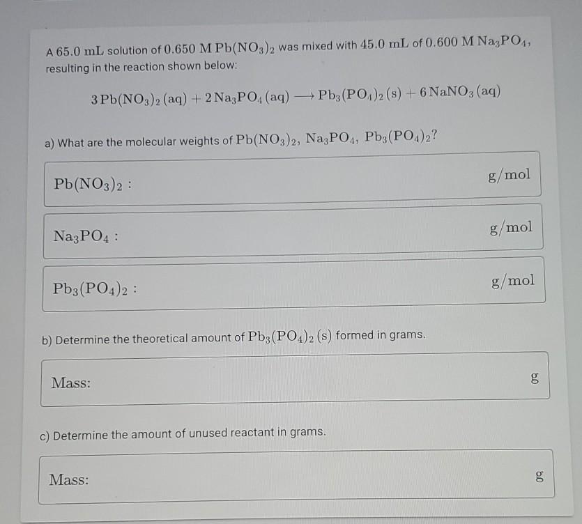 Solved A 65.0 mL solution of 0.650 M Pb(NO3)2 was mixed with | Chegg.com