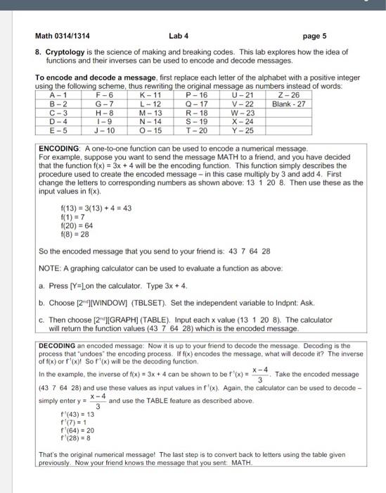 Solved page 5 Math 0314/1314 Lab 4 8. Cryptology is the | Chegg.com