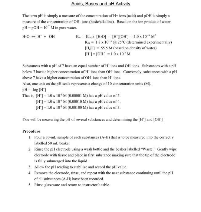 Solved Acids, Bases and pH Activity The term pH is simply a | Chegg.com