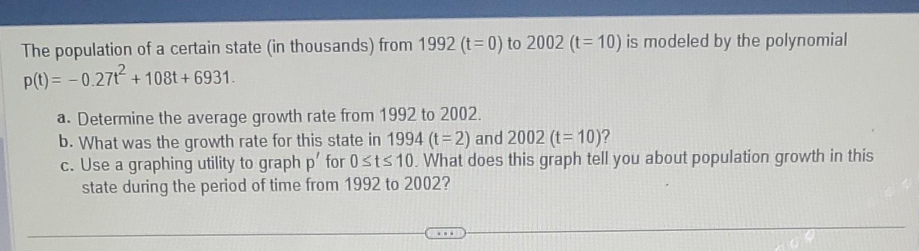 Solved The population of a certain state (in thousands) from | Chegg.com