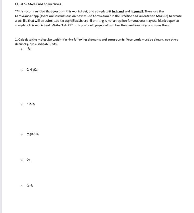 Solved LAB #7 - Moles and Conversions **It is recommended | Chegg.com