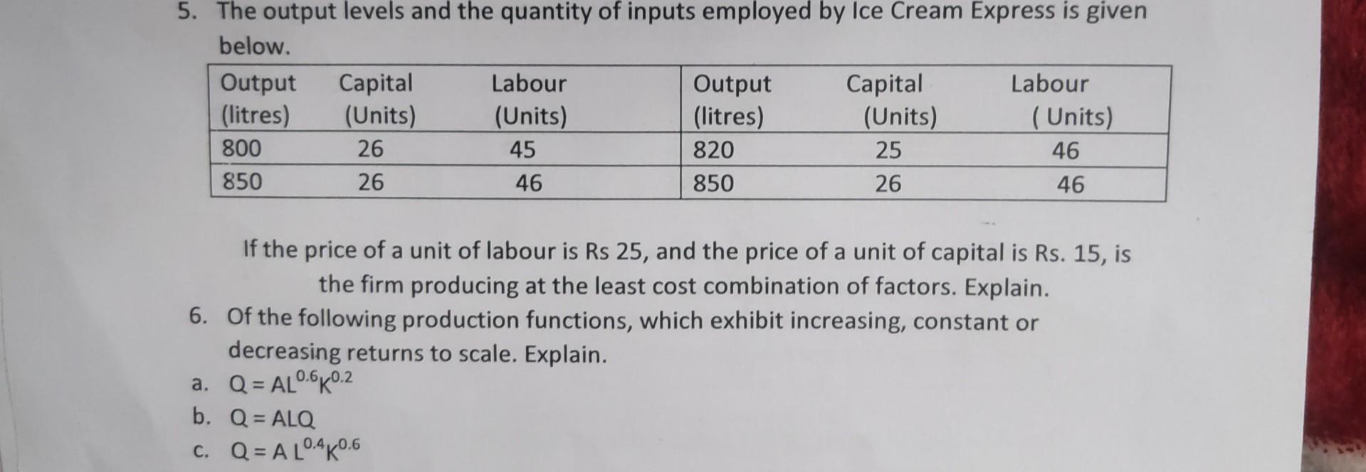 Solved 5. The output levels and the quantity of inputs | Chegg.com