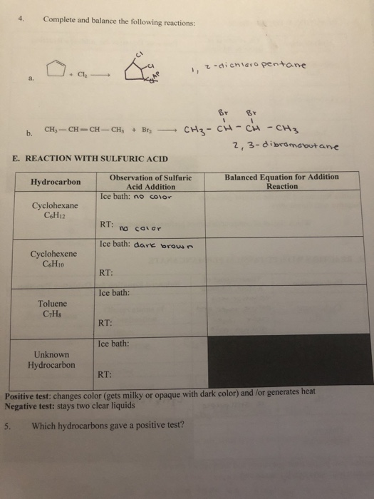 Solved C. REACTION WITH BROMINE Hydrocarbon Observations of | Chegg.com