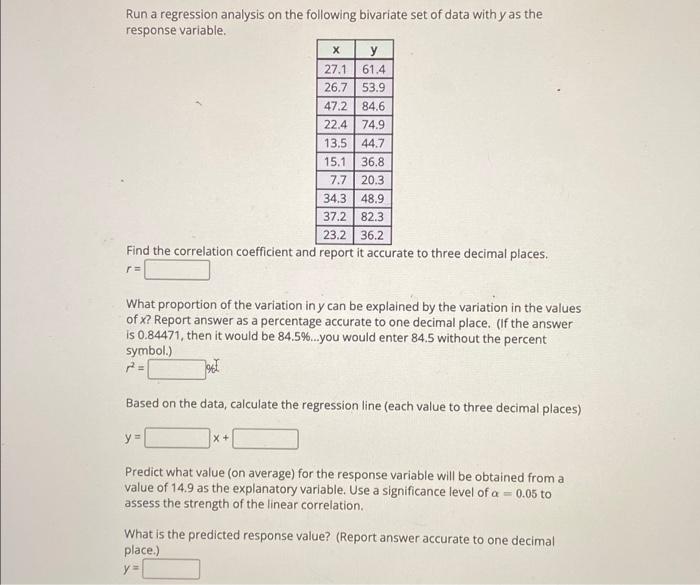 Solved Run a regression analysis on the following bivariate | Chegg.com