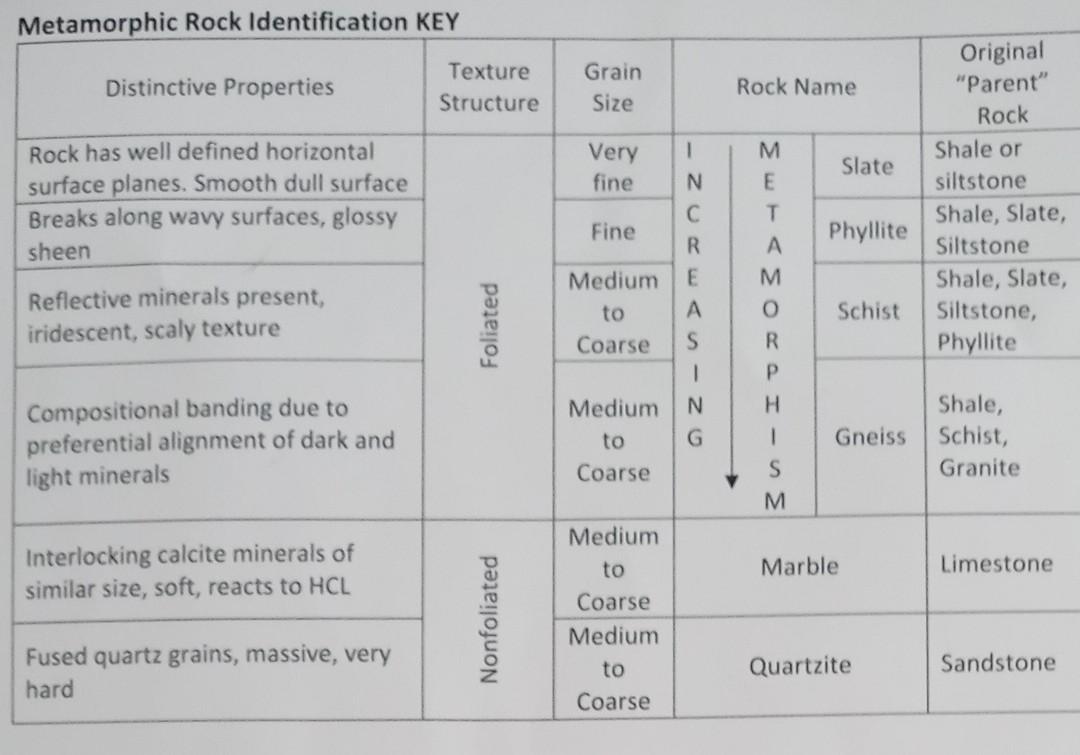 Solved Metamorphic Rock Identification KEY Distinctive | Chegg.com