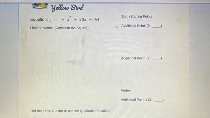 Solved Angry Birds Quadratics Red Bird, Yellow Bird, Blue | Chegg.com