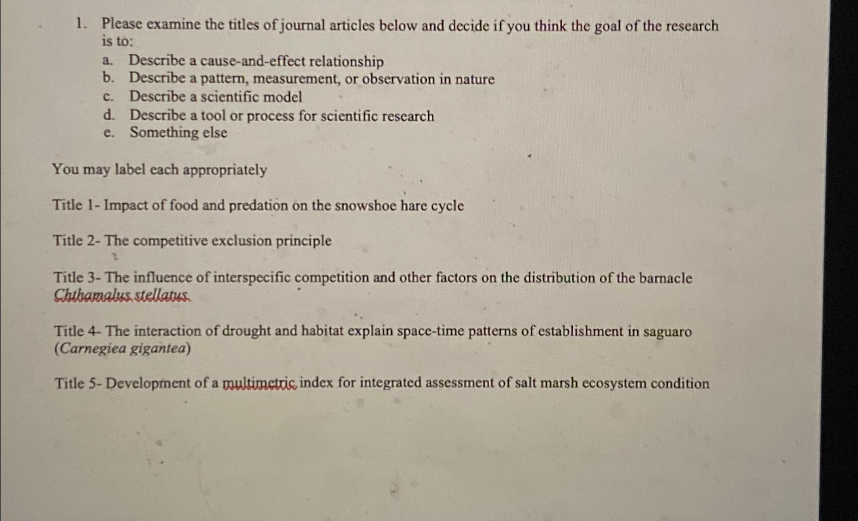 Solved Please examine the titles of journal articles below | Chegg.com