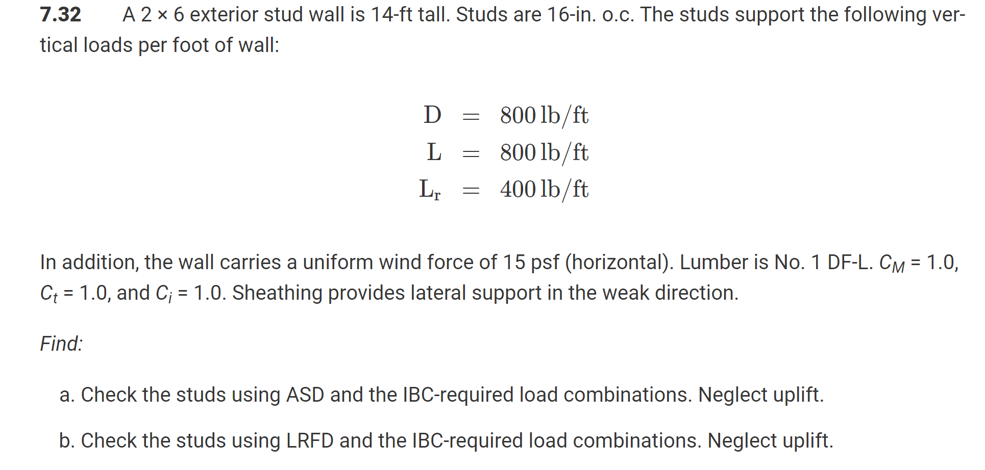 Solved 7.32 ﻿A 2×6 ﻿exterior stud wall is 14 -ft tall. Studs | Chegg.com