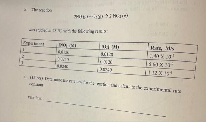 Solved 2. The reaction Experiment 1 2 3 bubon or solat at | Chegg.com