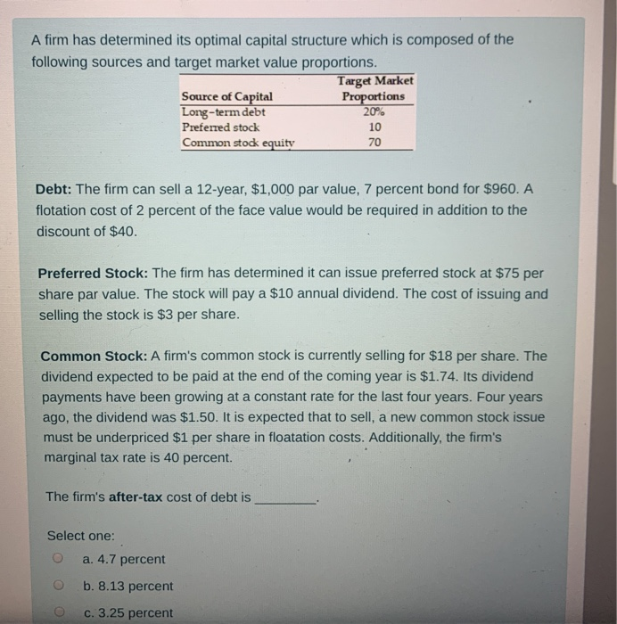 Solved A firm has determined its optimal capital structure | Chegg.com