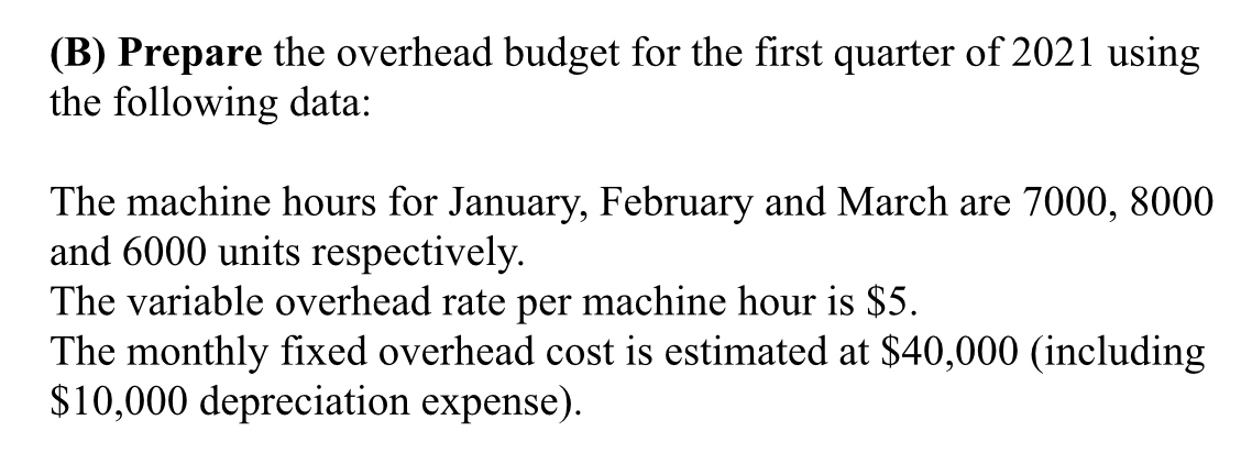 Solved (B) ﻿Prepare the overhead budget for the first | Chegg.com
