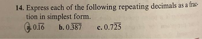 Solved 14. Express each of the following repeating decimals | Chegg.com