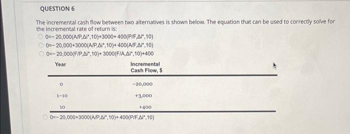 Solved The incremental cash flow between two alternatives is | Chegg.com