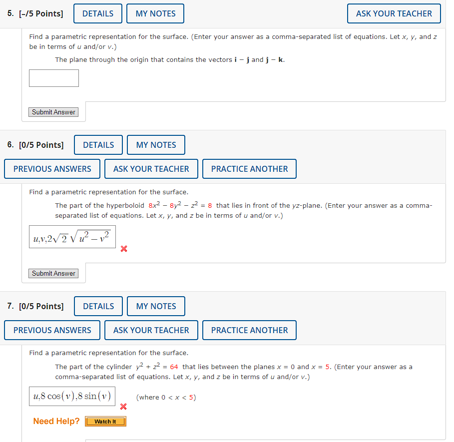 Solved [-/5 ﻿Points]Find a parametric representation for the | Chegg.com