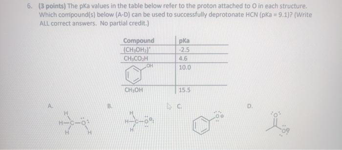 Solved 6. (3 points) The pka values in the table below refer | Chegg.com